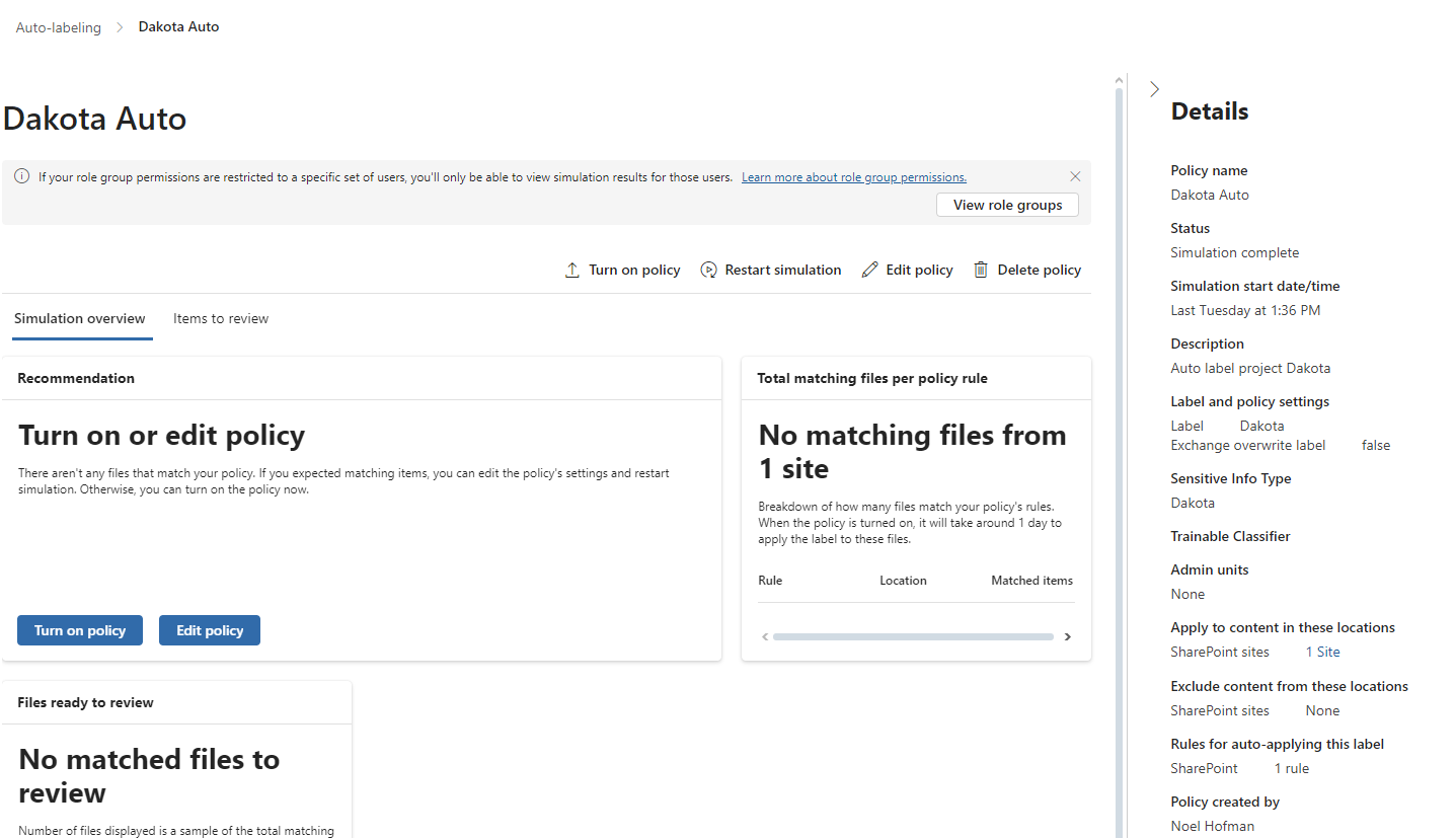 Purview auto labeling policy does not work, wont find the documents in SharePoint it needs to ...